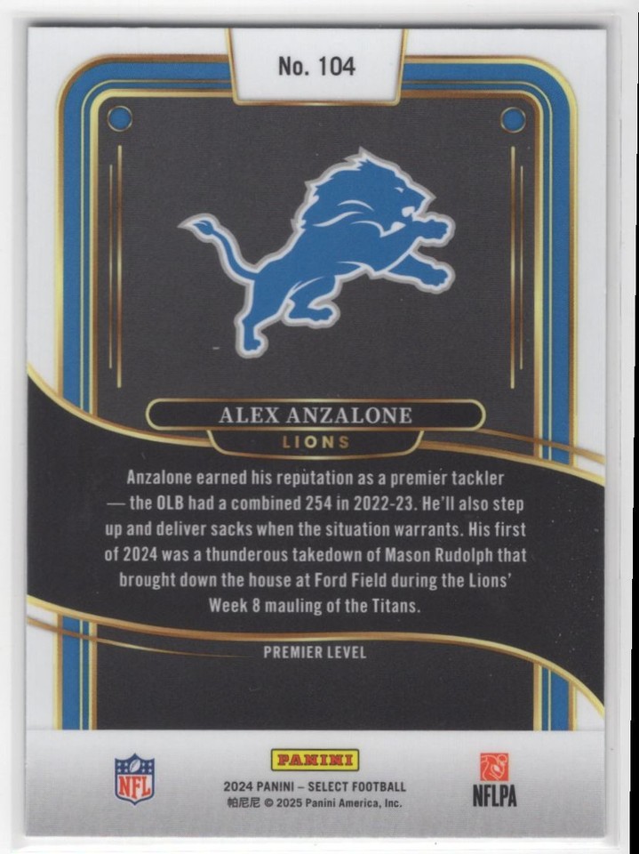 #104 Alex Anzalone 2024 Panini Select Premier ~ Lions | eBay