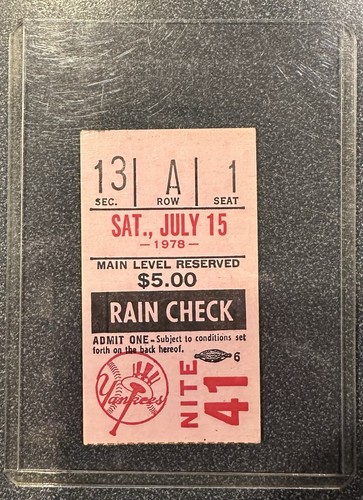 Vintage NY Yankees Baseball Rain Check Ticket Stub From A 7/15/1978 ...