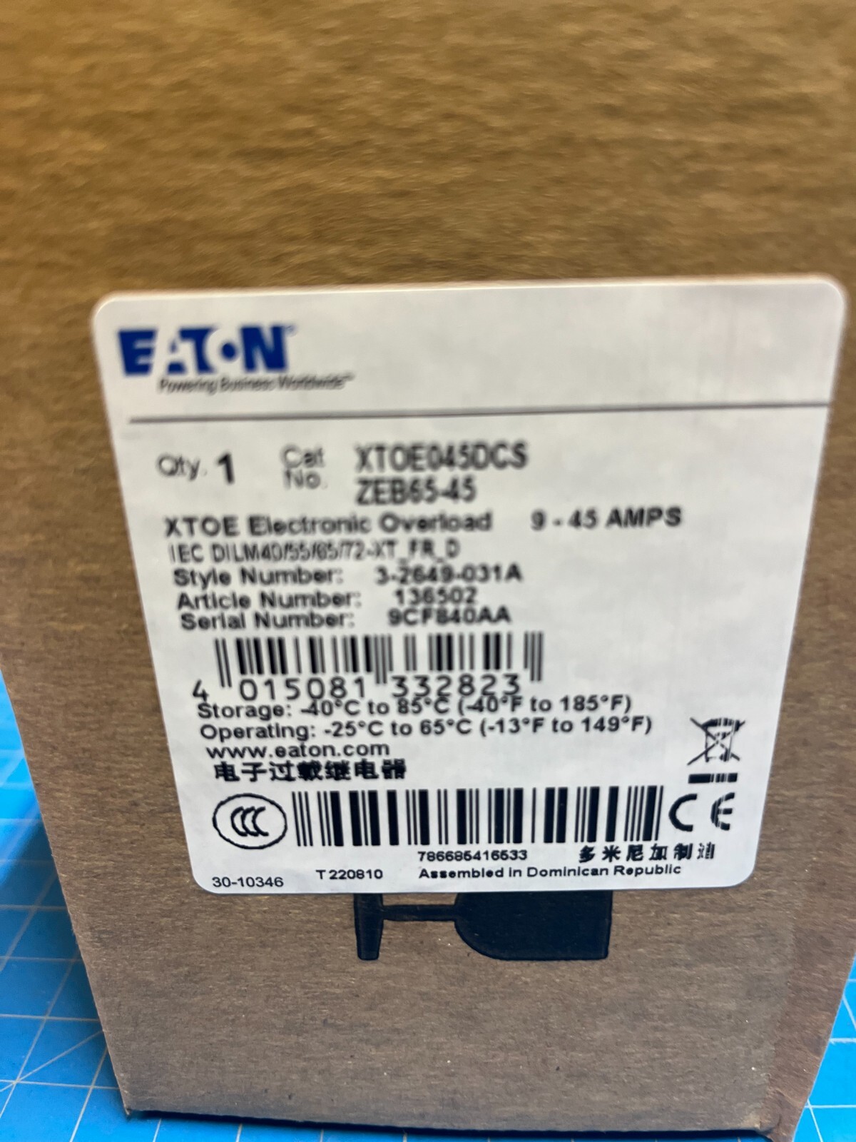 Eaton XTOE045DCS Overload Relay, 9 To 45A, Class 10/20/30,3P ZEB65-45 ...