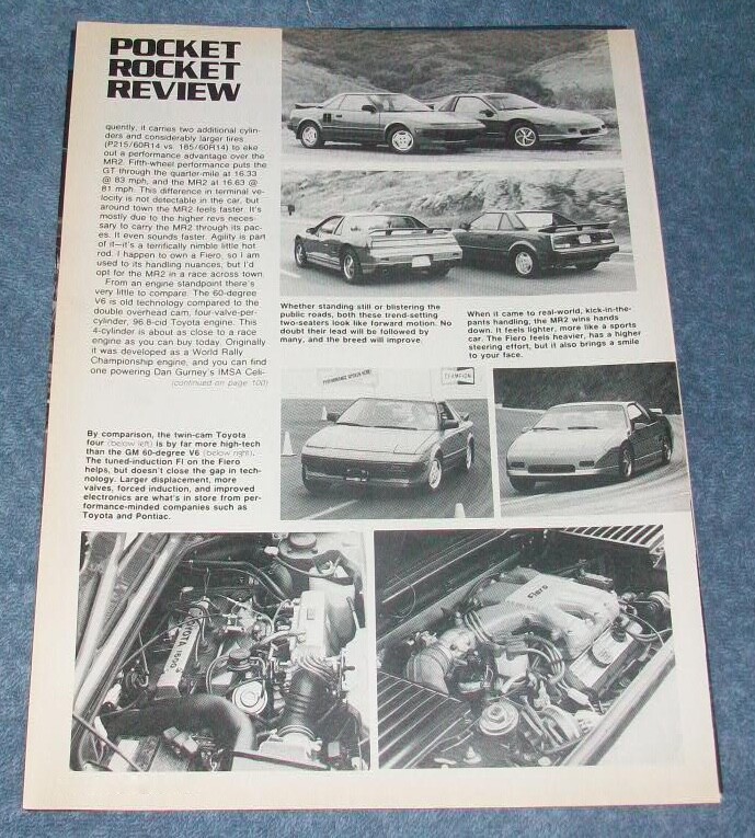 1985 Toyota MR2 vs. Pontiac Fiero GT Comparison Article "Pocket Rocket ...