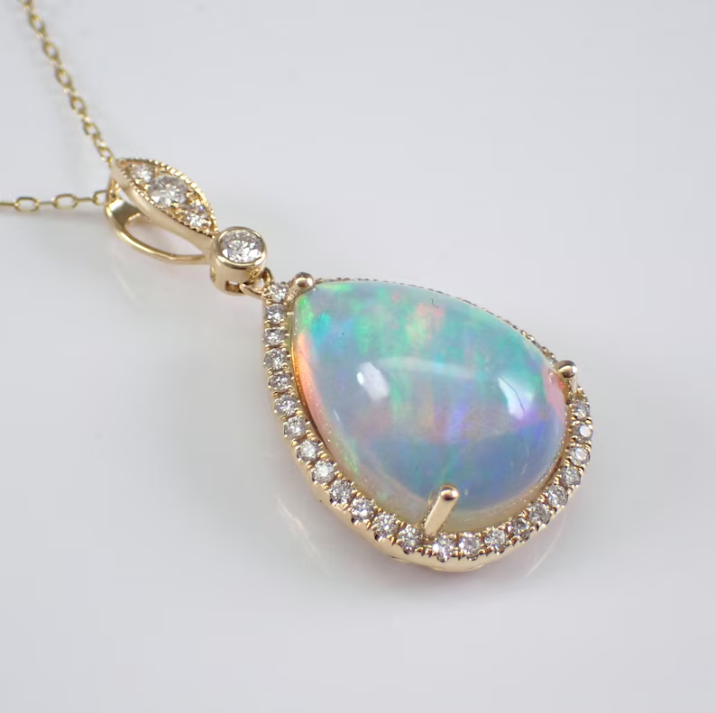 3Ct Pear Cut Lab-Created Fire Opal Teardrop Pendant 14K Yellow Gold ...