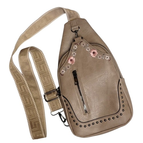 Sam & Hadley Studded Sling Bag Purse Beige Floral Embroidered Guitar ...