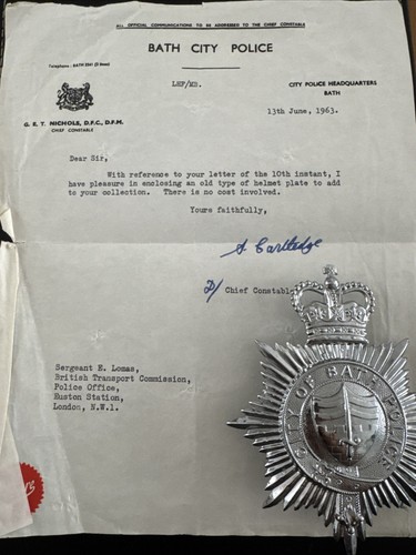 City Of Bath Police Helmet Badge Plus Letter Dated 1963 Rare | eBay