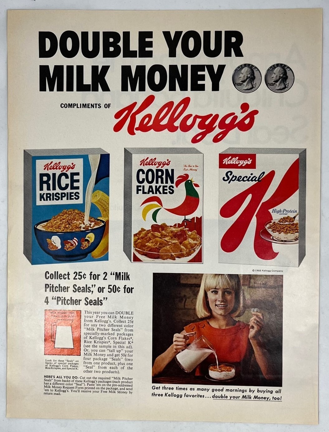 1968 Kellogg Cereal Print Ad Rice Krispies Corn Flakes Special K Free ...