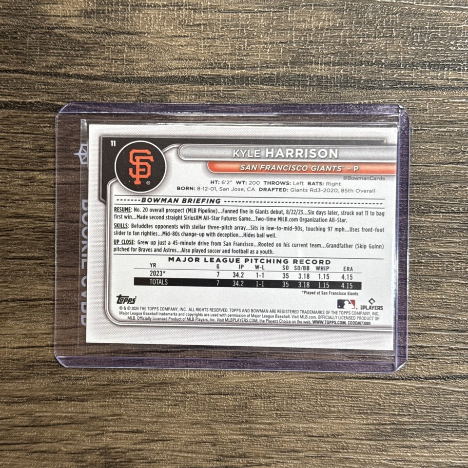 2024 Bowman KYLE HARRISON ROOKIE CARD #11 RC San Francisco Giants | eBay