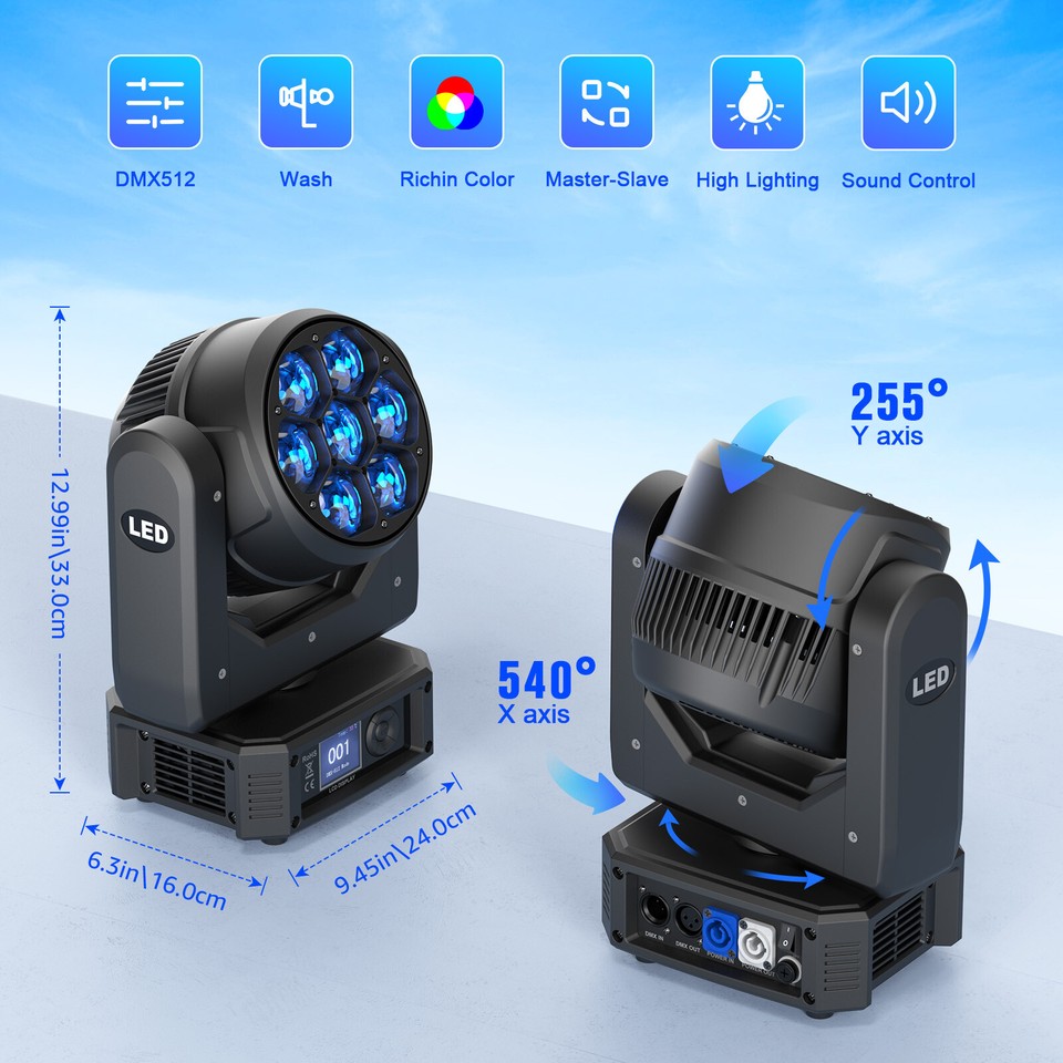 7x50W LED Zoom Moving Head Stage Light RGBW DMX Beam Wash Lighting DJ ...