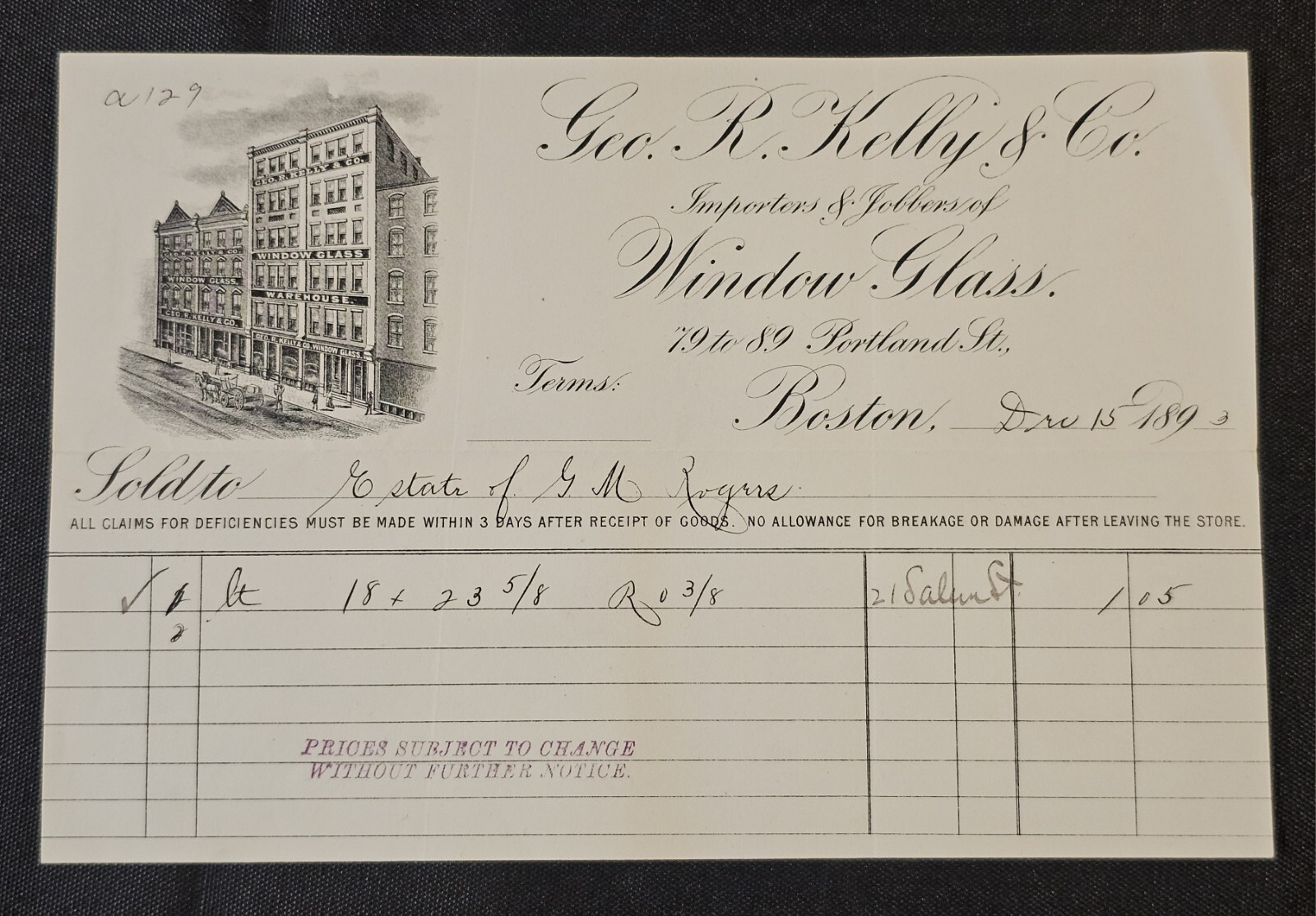 1893 Geo R Kelly & Co Window Glass Illustrated Billhead Receipt Boston ...