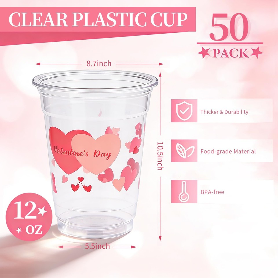 50 Pcs 12oz Valentine's Day Plastic Cups Clear Disposable Cups with ...