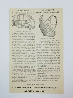 1885 New Haven Connecticut Advertisement Dr MF LINQUIST Medical Devices ...