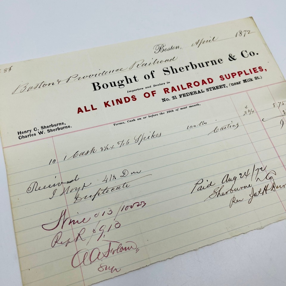 1872 Boston & Providence Railroad Sherburne & Co Billhead Letterhead ...
