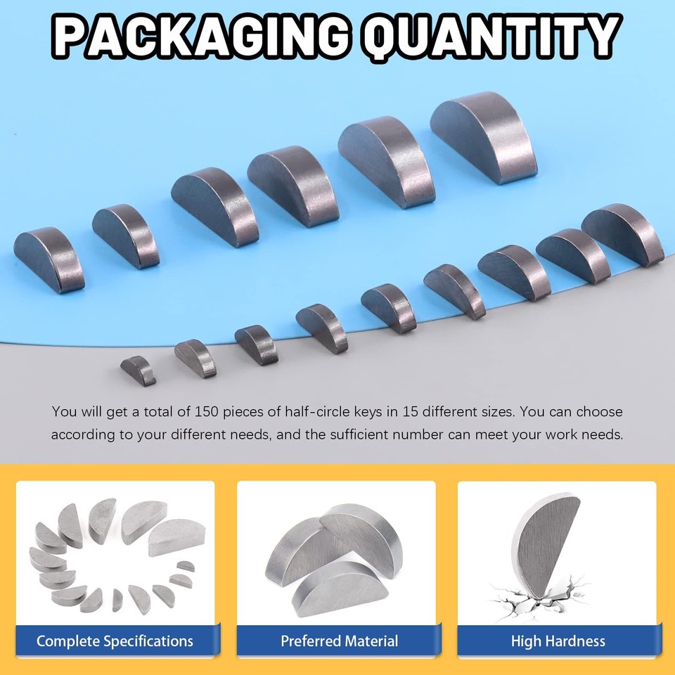 150Pcs 15 Sizes Woodruff Keys Assortment Carbon Steel Woodruff-Key Semi ...