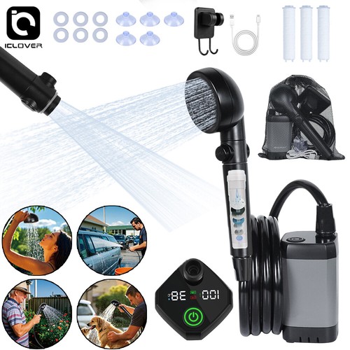 Portable Camping Shower Filter Pump Head Rechargeable for Travel Hiking ...