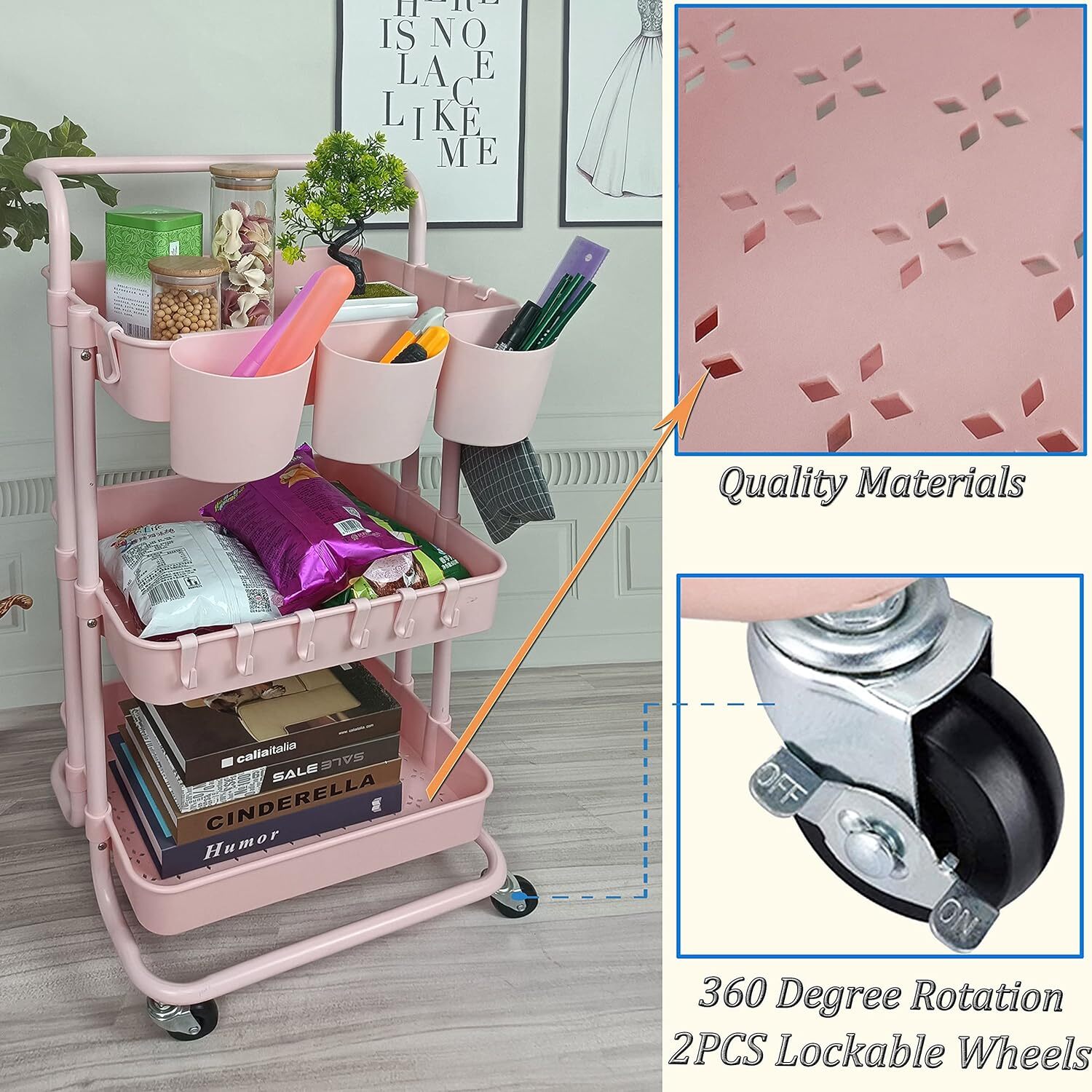 Freletry 3 Tier Utility Rolling Cart Storage Pink 3 Cup+8 Hook+2 Box | eBay