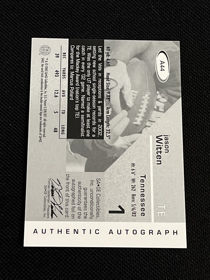 JASON WITTEN 2003 SAGE ROOKIE CERTIFIED SIGNED AUTOGRAPHED CARD 259/950 ...
