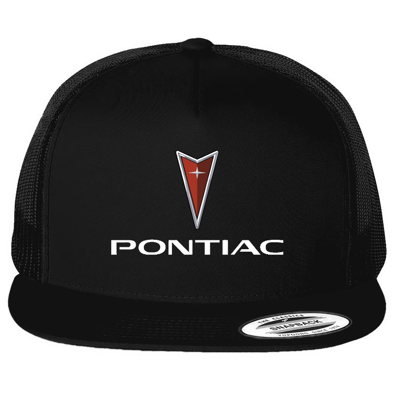 Pontiac Car Logo Emblem Printed on Black Yupoong Hat Flat Bill Trucker ...