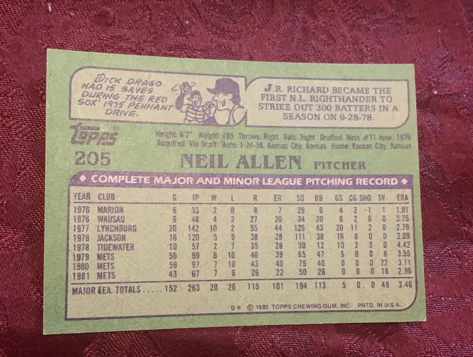 Neil Allen 1982 Topps Baseball Card # 206, New York Mets | eBay