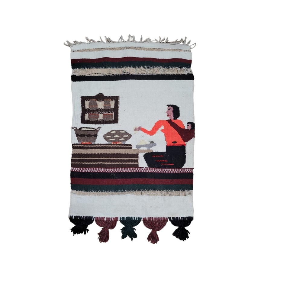 Vtg 37x26" Hand Woven Aztec Mayan Art Wall Hanging Woman Cooking Rug ...