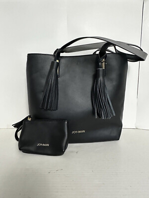 Joy & Iman Black Leather Tassel Tote Bag & Removable Insert & Coin ...