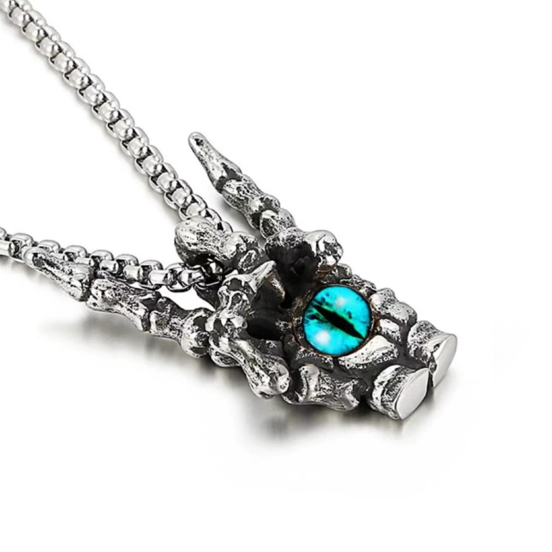 Blue CZ Skull Rock On Hand Pendent Necklace Punk Jewelry Chain 24" Men ...