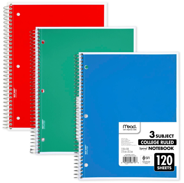 Mead 3 Subject Wide Ruled Spiral Notebook 120 Sheets Zz1 for sale ...