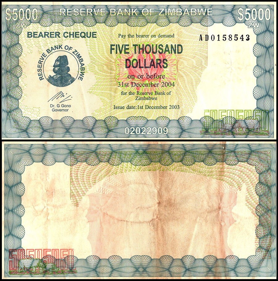 Zimbabwe 5000 Dollars Bearer Cheque, 2003, P-21, Used | eBay