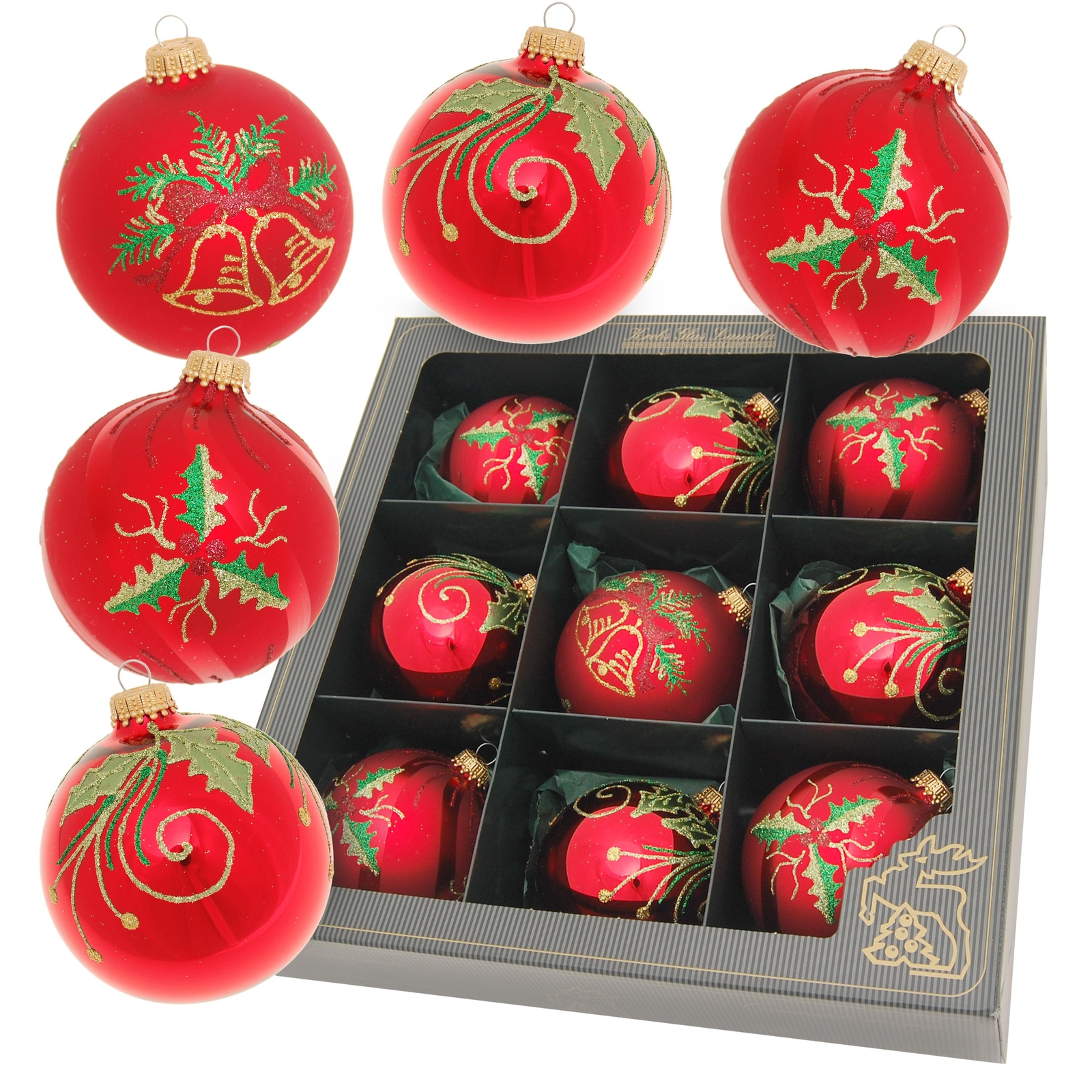 Krebs Glas Lauscha 9er Sets Kugeln mit Weihnachtsglocken aus Glas ...