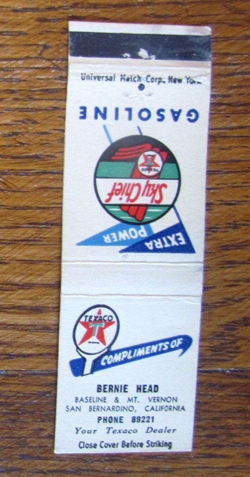 BERNIE HEAD TEXACO GAS STATION MATCHBOOK COVER: SAN BERNARDINO, CA ...