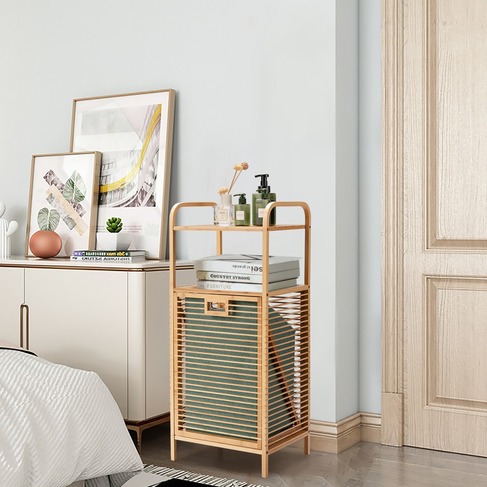 Laundry Hamper Tilt Out Bin Bamboo Shelf Slat Frame Space Saving ...