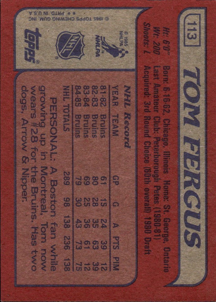 1985-86 Topps Tom Fergus #113 Boston Bruins | eBay