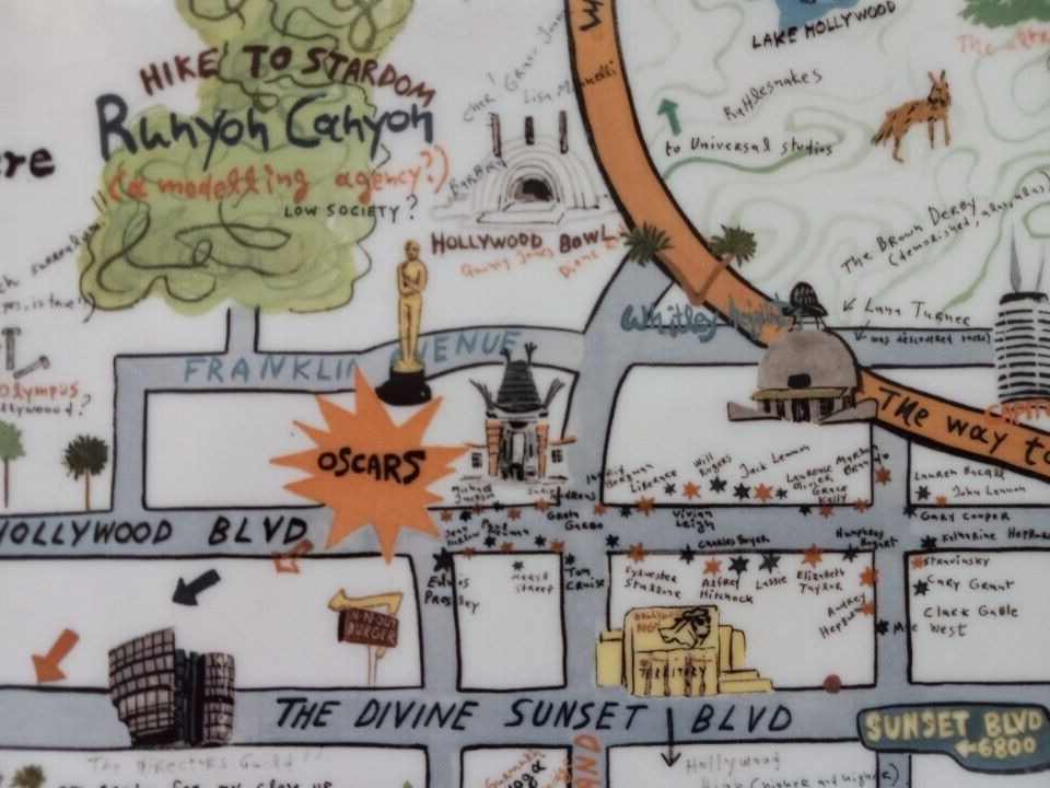 HOLLYWOOD SUNSET Stardom LOS ANGELES Street Map Porcelain Serving Tray ...