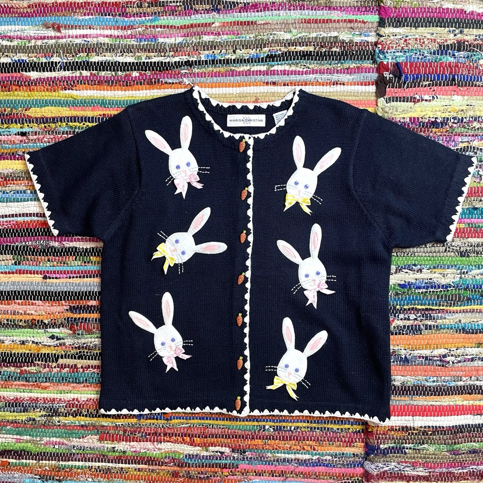 Marisa Christina Easter Bunny Rabbit Navy Blue Short Sleeve Sweater ...
