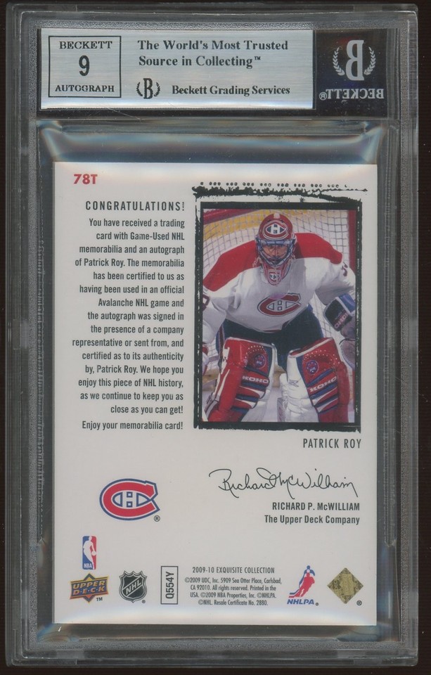 2009-10 UD Exquisite Flashback #78T Patrick Roy RPA RC GU Patch AUTO 10 ...