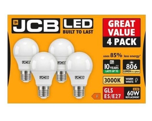 Pack-4 JCB ES/E27 LED GLS A60 warm white Bulb 8.5 w 806 lumen 60w NON ...