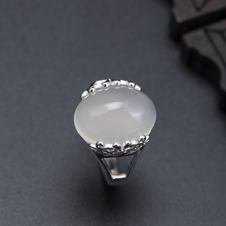 I04 Ring Oval White Chalcedony Sterling Silver 925 Size 18 Adjustable ...
