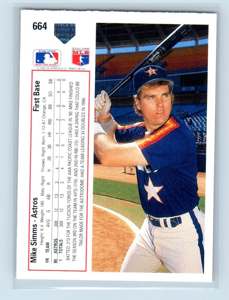 1991 Upper Deck Straight from the Pack Mike Simms Rookie Houston Astros ...
