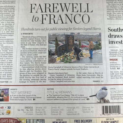 Tribune Review Franco Harris Newspaper December 28 2022 | eBay