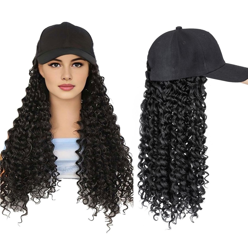 Xmas Wig With Black Hat Baseball Wigs Cap Long Wavy Curly Hair Wig Cap ...