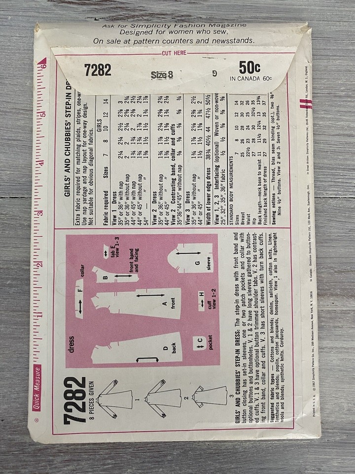 Vintage Simplicity Pattern 7282 Girls' Step In Dress Sz 8 B26 Complete 1967 | eBay