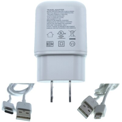 LG Wall Charger White MCS-V02WH(5.0V 2.0A)+2 USB Cables (Type-C & Micro ...