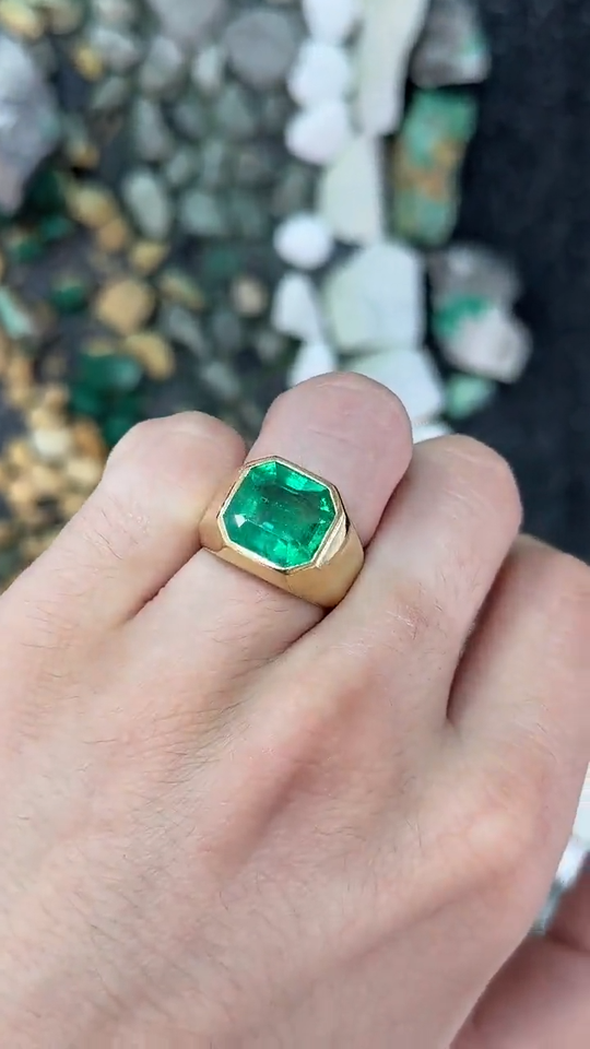 6.55 Carat Gypsy Bezel Set Mens Muzo Colombian Emerald Solitaire Ring ...