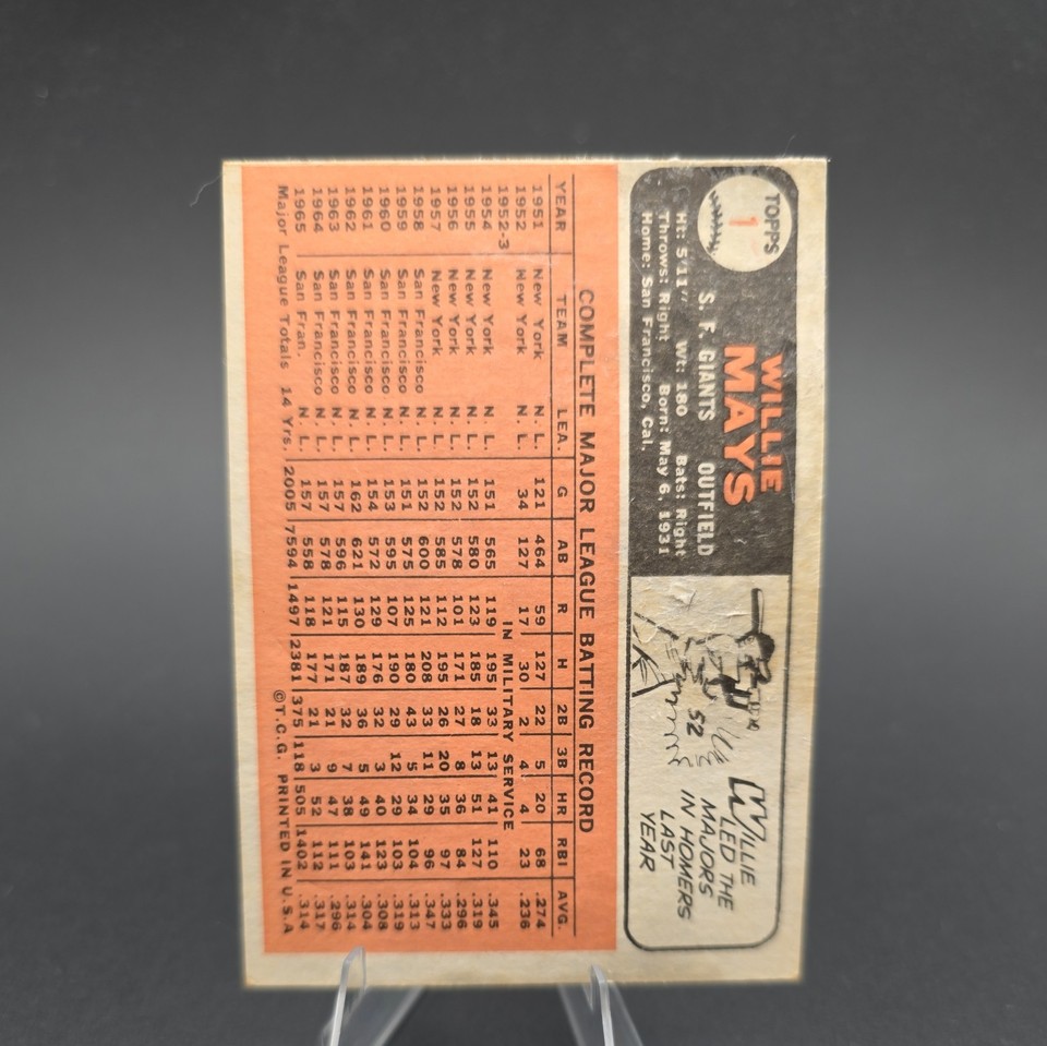 1966 Topps Baseball WILLIE MAYS #1 San Francisco Giants Card HOF | eBay