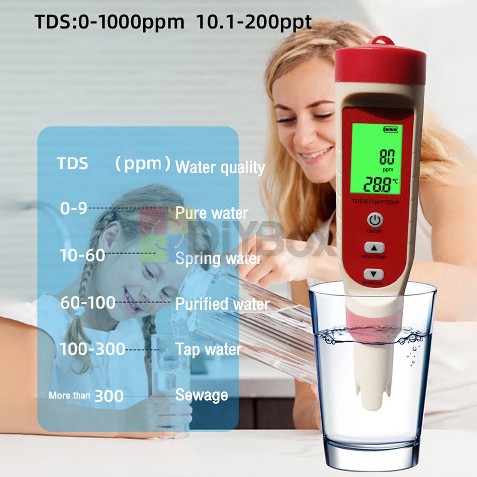 Water Quality Analyser Backlit 4-in-1 TDS/EC/PH/Temperature Water ...