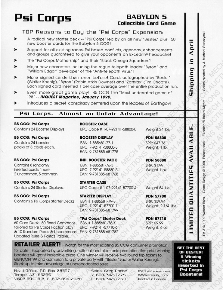 Babylon 5 CCG Psi-Corps Edition Official Sell Sheet Ad Flyer Cards ...