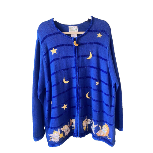 The Quacker Factory Sweater Womens 2XL Blue Knit Angel Full Zip Vintage ...