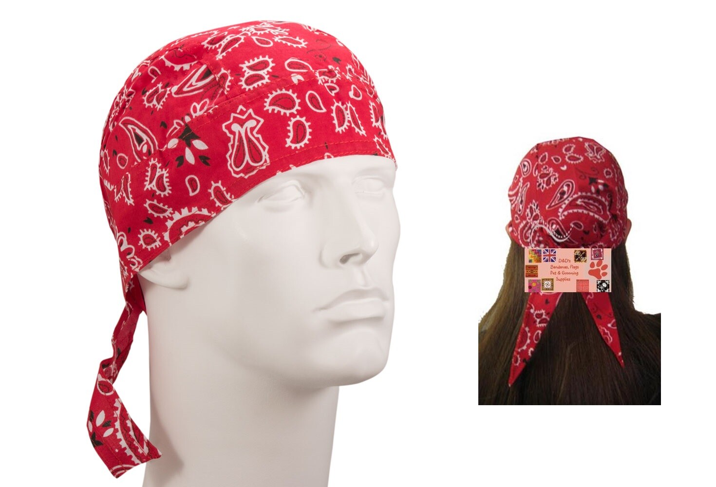 Red Paisley DO Rag TIED FITTED BANDANA w/TIES COTTON Head Wrap Skull ...
