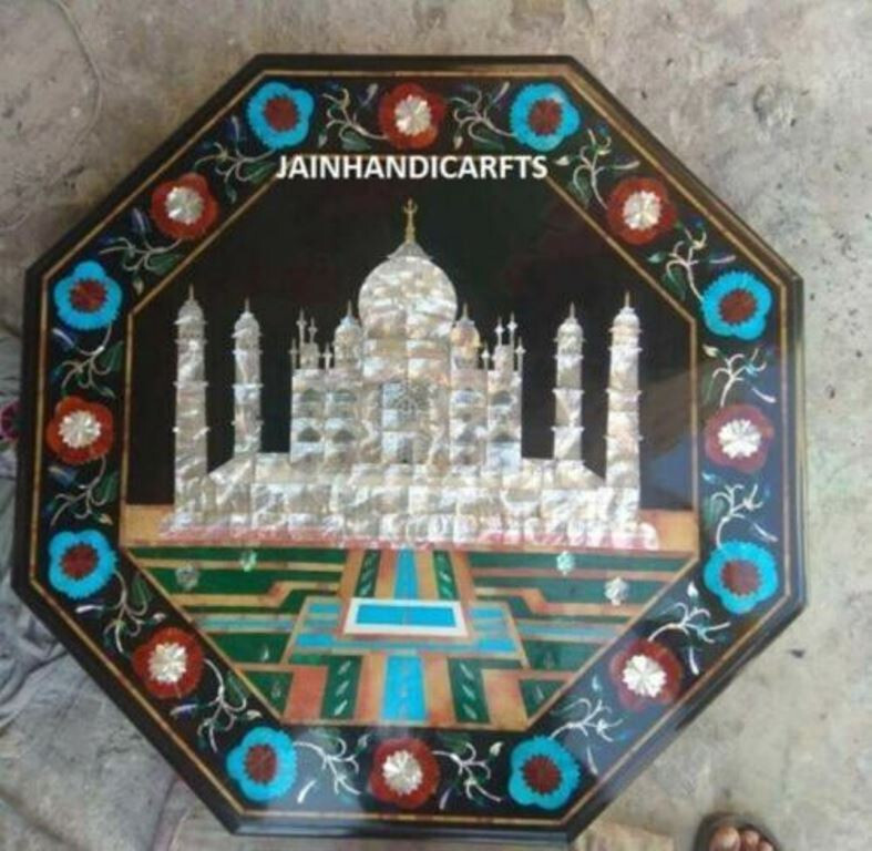 18'' black marble table top center taj mahal inlay malachite wall panel ...