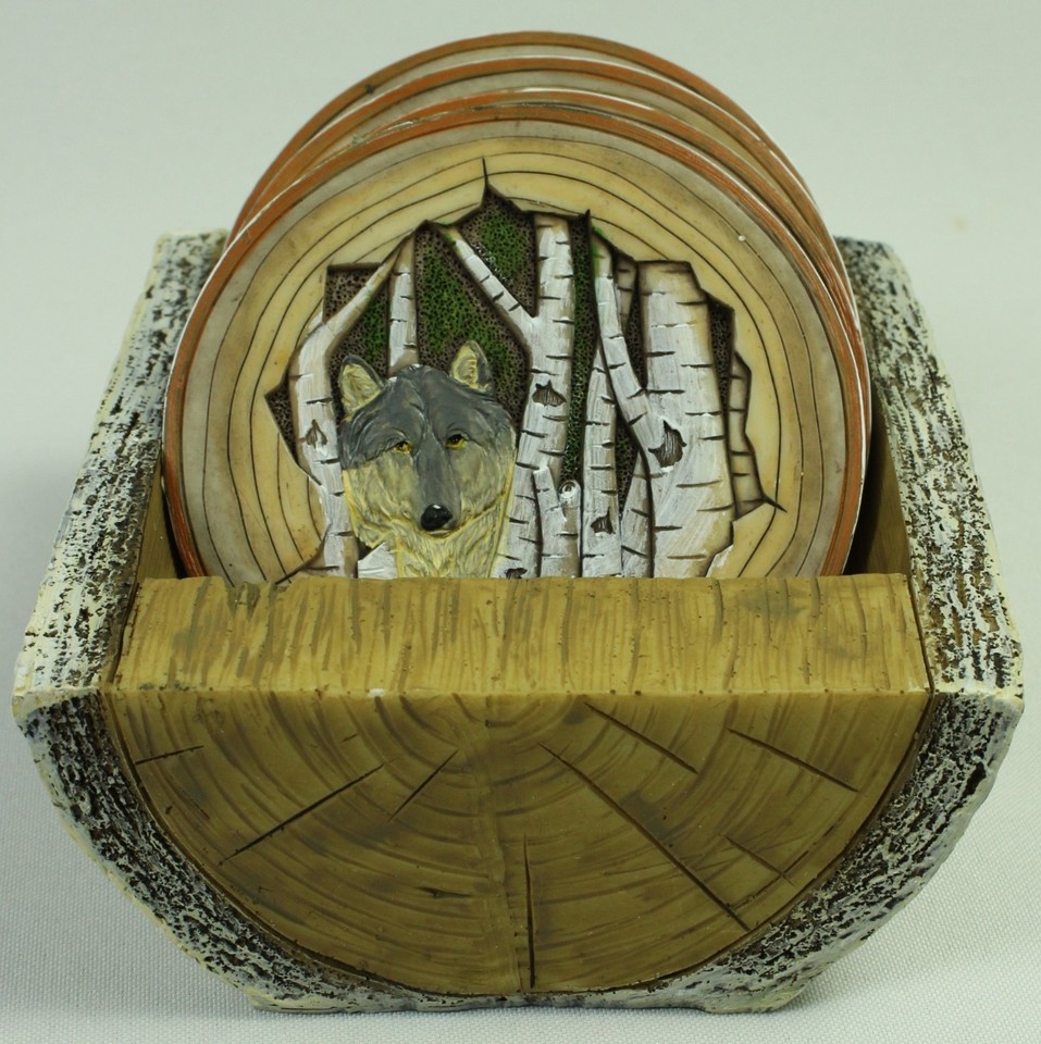 Wolf White Birch Coaster Set 4 Faux Wood Log Tray NEW Wildlife Dog ...