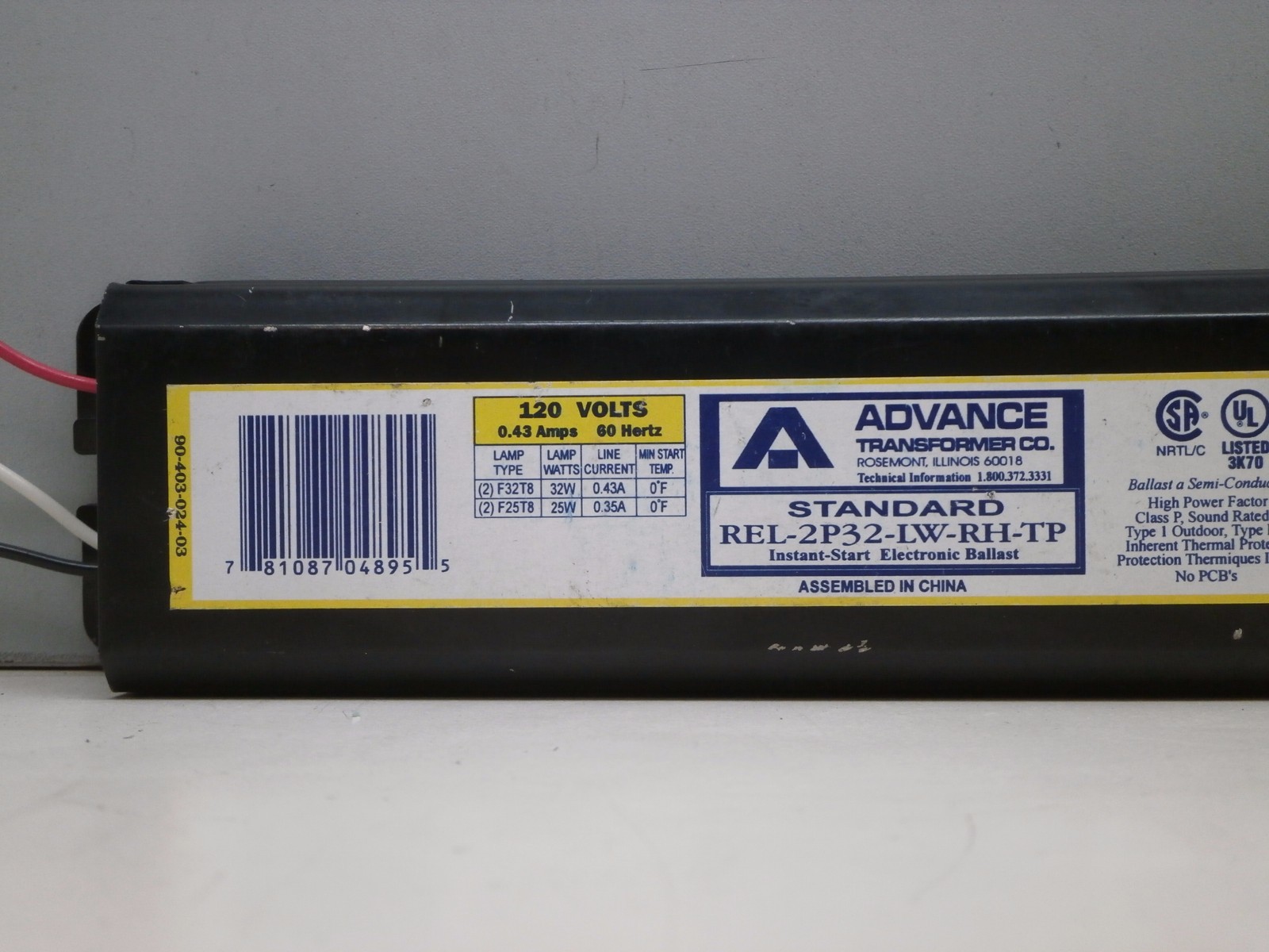 Advance REL-2P32-LW-RH-TP Fluorescent Ballast for (2) F32T8 F25T8 Lamps ...