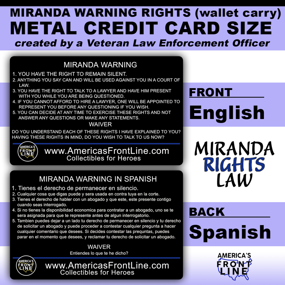 EL16-001 Black Metal Miranda Rights Warning Card English Spanish Police ...