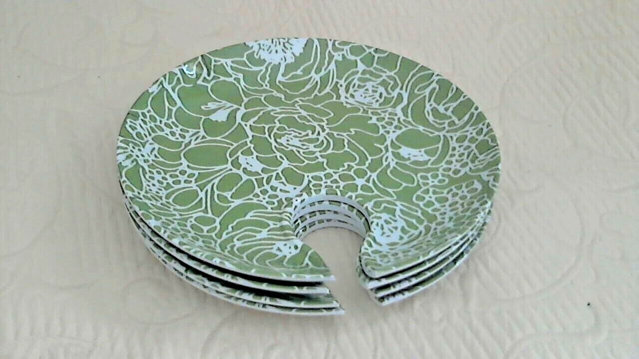 Notched Wine Glass Mingle Plates Set Of 4 Green White Floral 8" Melmine ...
